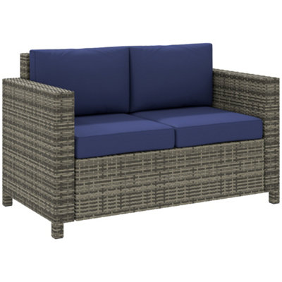 Outsunny Rattan Wicker 2-seat Sofa Loveseat Padded Garden Furniture Blue
