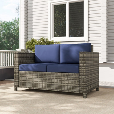Outsunny Rattan Wicker 2-seat Sofa Loveseat Padded Garden Furniture Blue