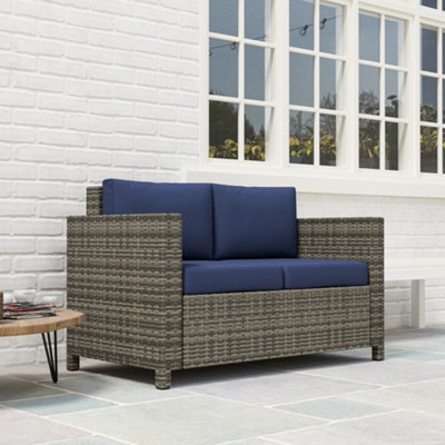 Outsunny Rattan Wicker 2-seat Sofa Loveseat Padded Garden Furniture Blue