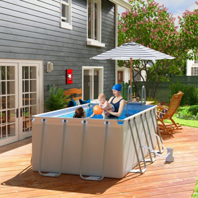 Outsunny Rectangle Above Ground Swimming Pool with Pump and Ladder, Grey
