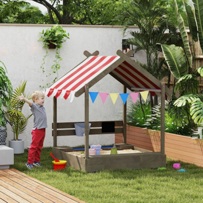 Outsunny Sand Pit with Canopy, Blackboard, Toys, Sink, Seats, Flags for ...