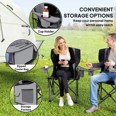 OUTSUNNY SET OF 2 PADDED FOLDING PICNIC CHAIRS WITH COOLER BAG, GREY