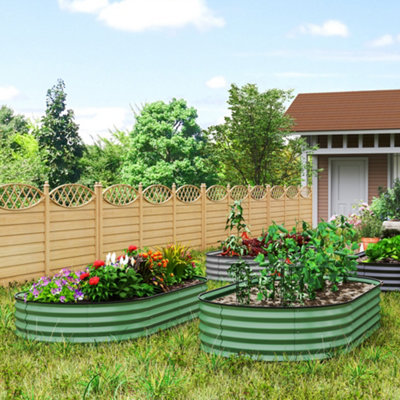 Outsunny Set of 2 Raised Beds for Garden with Metal Plant Stakes, Green