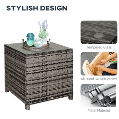 Outsunny Side Table Furniture Tempered Glass Garden Patio Wicker Mixed Grey