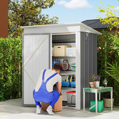 Outsunny Steel Garden Shed, Small Lean-to Shed for Bike, 5x3 ft, Grey