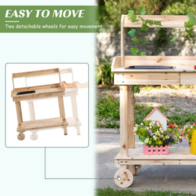 Outsunny Wood Potting Bench Work Table w/ 2 Wheels & Drawer, 92x45x119cm