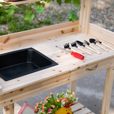 Outsunny Wood Potting Bench Work Table w/ 2 Wheels & Drawer, 92x45x119cm