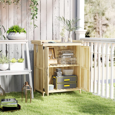 OUTSUNNY WOODEN GARDEN STORAGE SHED W/HINGED ROOF AND SHELF, NATURAL WOOD