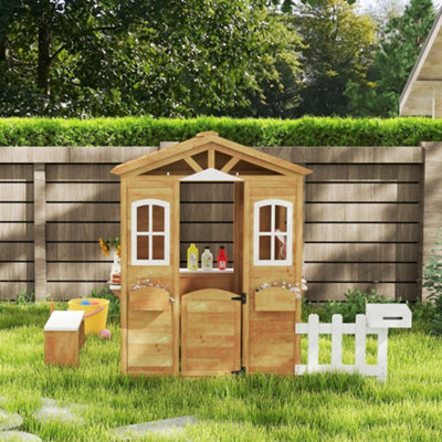 Outsunny Wooden Outdoor Playhouse w/ Door Windows Bench for Kids Children