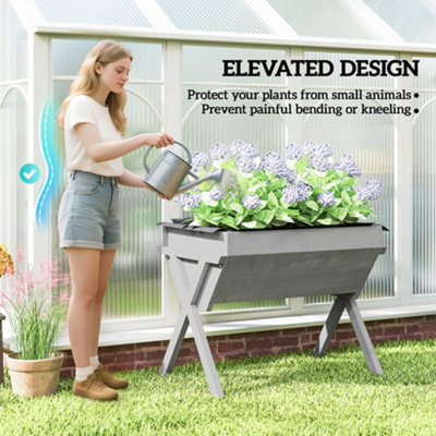 Outsunny Wooden Planter Raised Bed Stand Vegetable Flower Bed, Light Grey