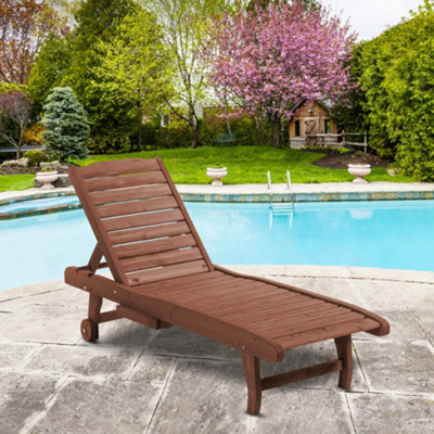 Outsunny Wooden Sun Lounger Outdoor Patio Sun Bed w/ Pull-out Table