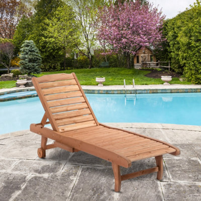 Outsunny Wooden Sun Lounger Outdoor Patio Sun Bed w Pull out Table