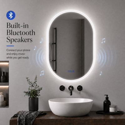 Oval LED Bluetooth Bathroom Mirror 500x700mm 3 Colour Dimmable Lights ...