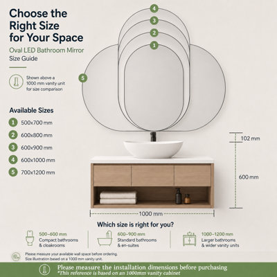 Oval LED Bluetooth Bathroom Mirror 500x700mm 3 Colour Dimmable Lights ...