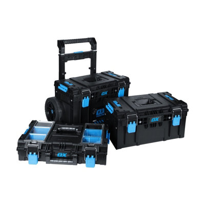 Ox Tooltrek 3 Piece Modular Deep Tool Box + Trolley Wheels + Shallow ...