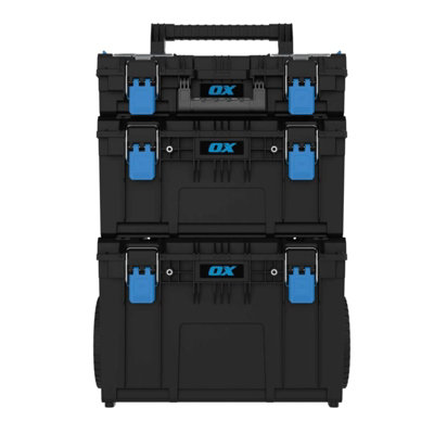 Ox Tooltrek 3 Piece Modular Deep Tool Box + Trolley Wheels + Shallow ...