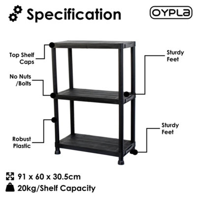 Oypla 3 Tier Black Plastic Heavy Duty Shelving Racking Storage Unit