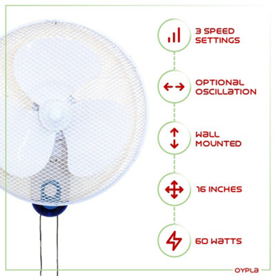 Oypla Electrical 16" Wall Mounted Oscillating Fan