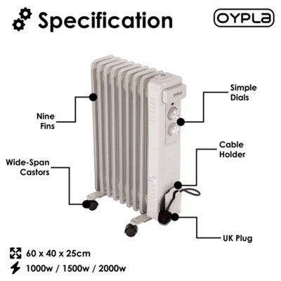 Oypla Electrical 2000W 9 Fin Portable Oil Filled Radiator Electric Heater
