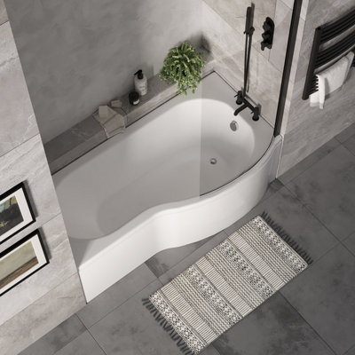 P Shape Bathtub, Front Panel with Bath Screen - Black Profile