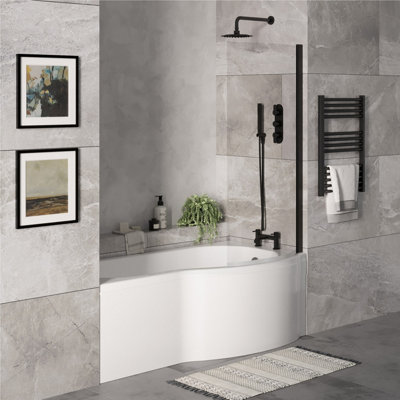 P Shape Bathtub, Front Panel with Bath Screen - Black Profile