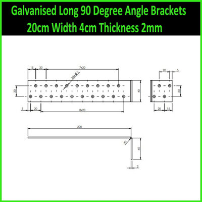 Pack of 10 Heavy Duty Galvanised 2mm Thick Long Angle Brackets 200x40x40mm