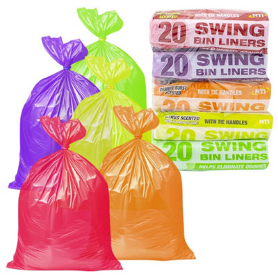 Pack Of 100 Swing Bin Liners Scented With Tie Handles Heavy Duty ...