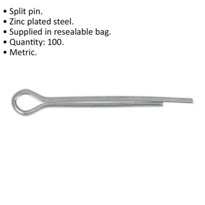 Pack of 100 Zinc Plated Split Pins - 2mm x 25mm Metric Cotter Pins for ...