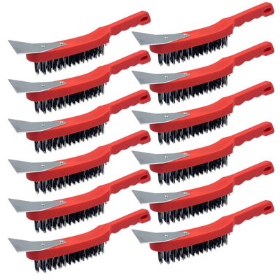 Pack of 12 Heavy Duty Wire Brushes with Metal Scraper