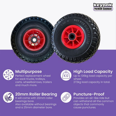 Pack of 2 - 10" Puncture-Proof Solid Wheel, 20mm Bore, Roller Bearings ...