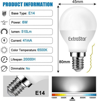 Pack of 3 E14 Non-Dimmable LED SES Golf Ball Bulbs, 6W Cool White 6500K