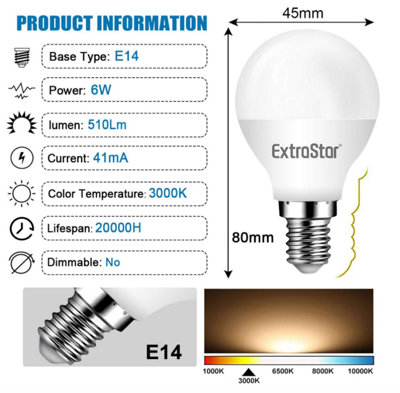 Pack of 3 E14 Non-Dimmable LED SES Golf Ball Bulbs, 6W Cool White 6500K