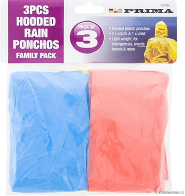 Pack Of 3 Hooded Rain Ponchos Family Pack Waterproof Adults Kids