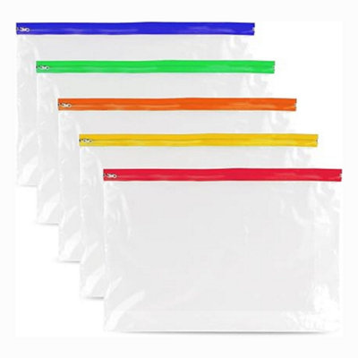 Pack of 5 A4 plus zipper document bags 370mm x 260mm assorted colors ...