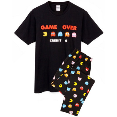 Pacman Mens Black Game Over Short Sleeve Long Leg Pyjama Set (Small)