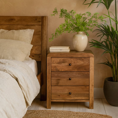 Padua Mango Wood 3-Drawer Curved Bedside Table Natural Oak Finish