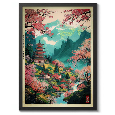 Pagoda at Mount Yoshino, Japanese Wall Art, Anime Poster (A2 Black)