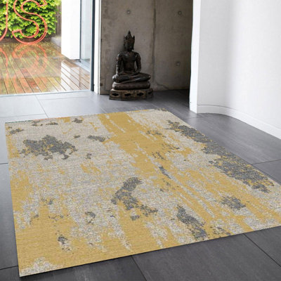 Painterly Yellow Abstract Funky Modern Easy to clean Rug for Dining ...