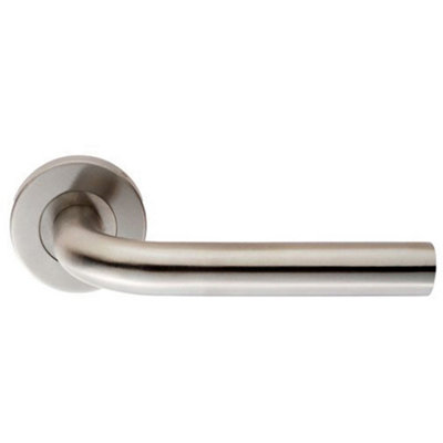 Pair 6mm Round Bar Safety Handle On Round Rose Concealed Fix Satin Steel