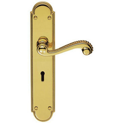 PAIR Beaded Pattern Handle on Lock Backplate 249 x 50mm Polished Brass