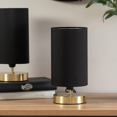 Pair - Brushed Gold Cylinder Touch Dimmer Table Lamp with Black Fabric ...