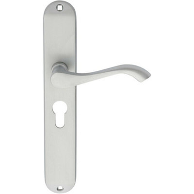 PAIR Curved Handle on Long Slim Euro Lock Backplate 241 x 40mm Satin Chrome
