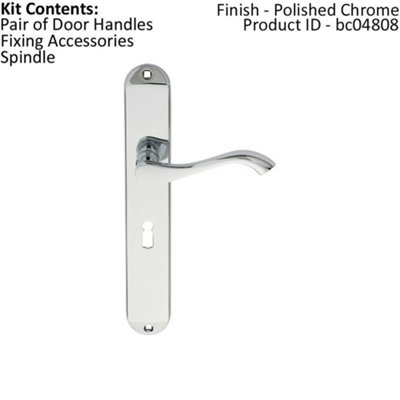PAIR Curved Handle on Long Slim Lock Backplate 241 x 40mm Polished Chrome