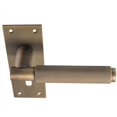 PAIR Knurled Round Handle on Slim Lock Backplate 150 x 50mm Antique Brass