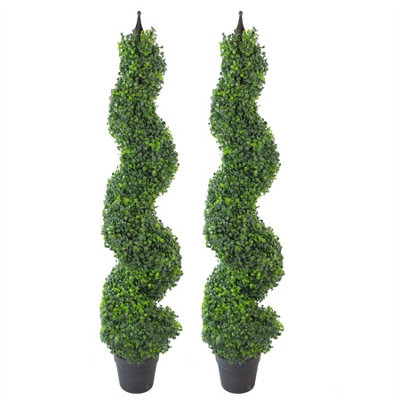Pair of 120cm (4ft) Tall Artificial Boxwood Tower Trees Topiary Spiral ...