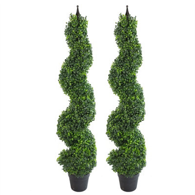 Pair of 120cm (4ft) Tall Artificial Boxwood Tower Trees Topiary Spiral