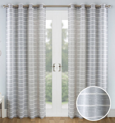 Pair of Antigua Grey Chenille Striped Single Voile Panels with Eyelet ...