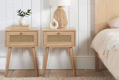 Pair of Bedside 1 Drawer Cabinet Rattan Croxley Side Table Oak
