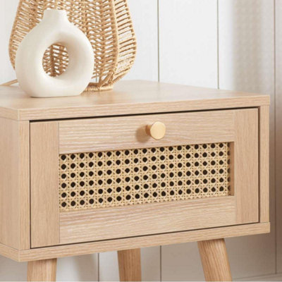 Pair of Bedside 1 Drawer Cabinet Rattan Croxley Side Table Oak