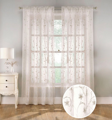 Pair of Belle Cream Sheer Floral Embroidery Voile Panels with Rod ...